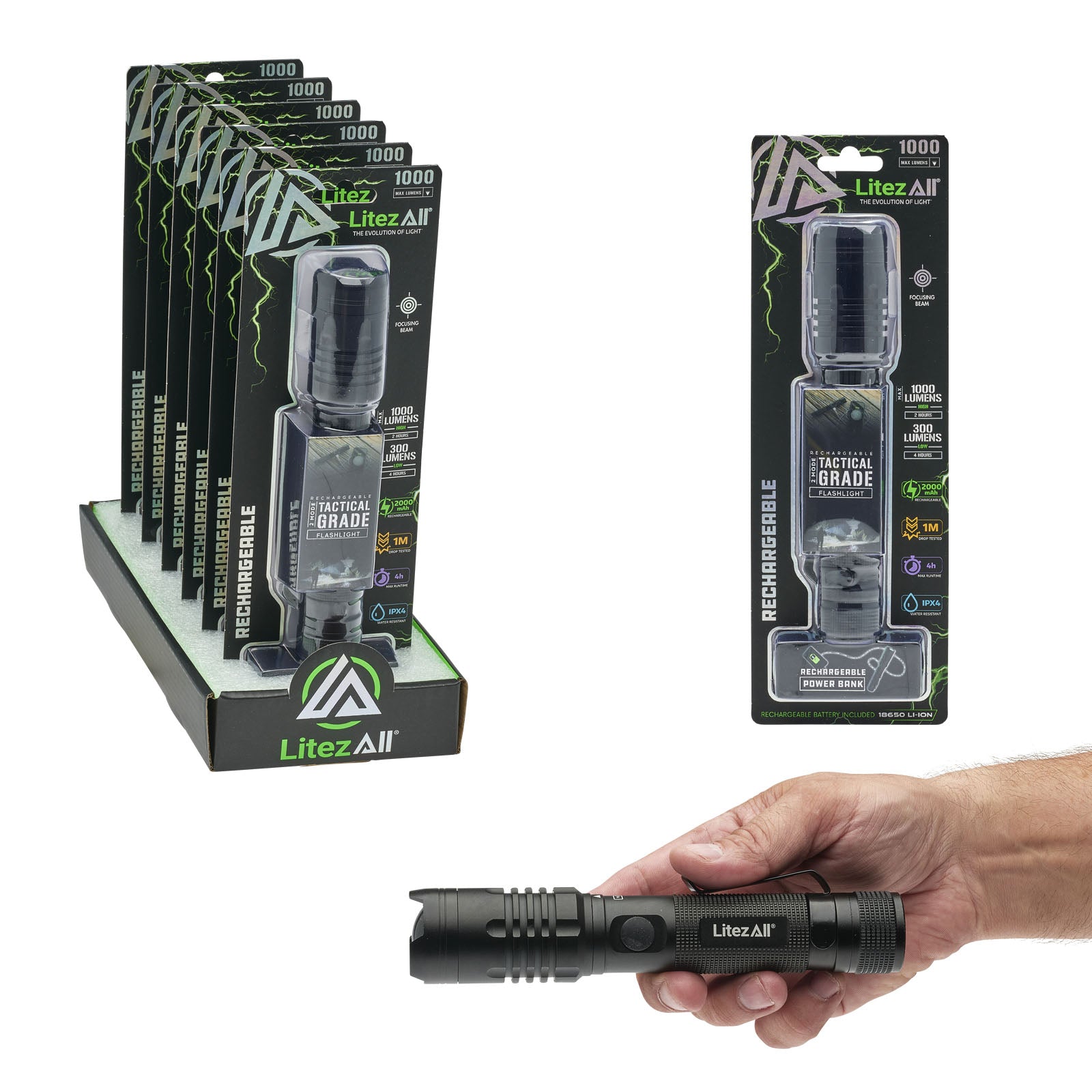 LitezAll 1000 Lumen Rechargeable Tactical Flashlight - Default Title ...