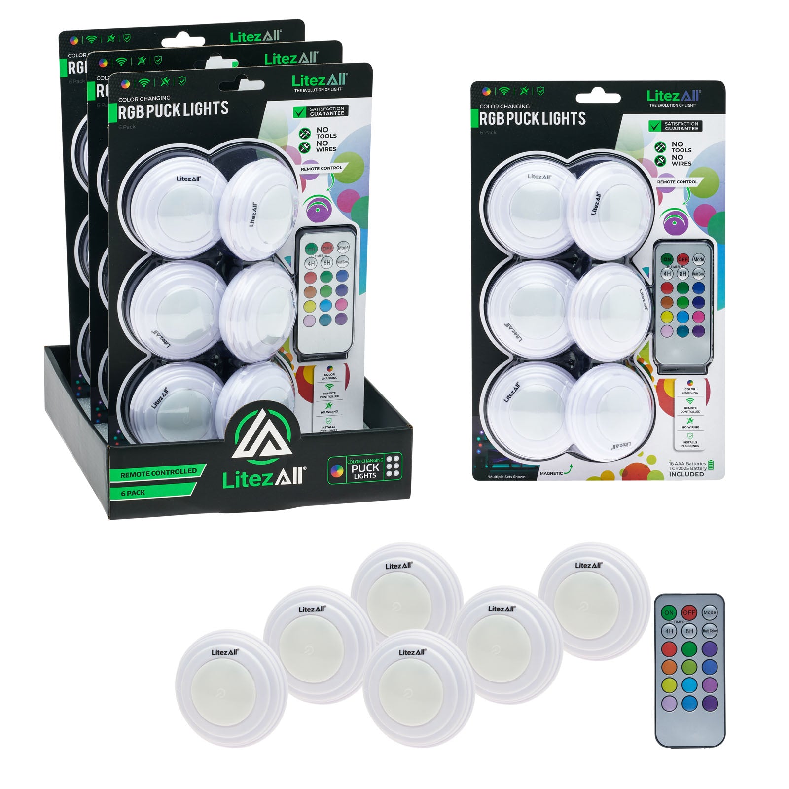 LitezAll RGB Remote Controlled Puck Light 6 Pack - LitezAll