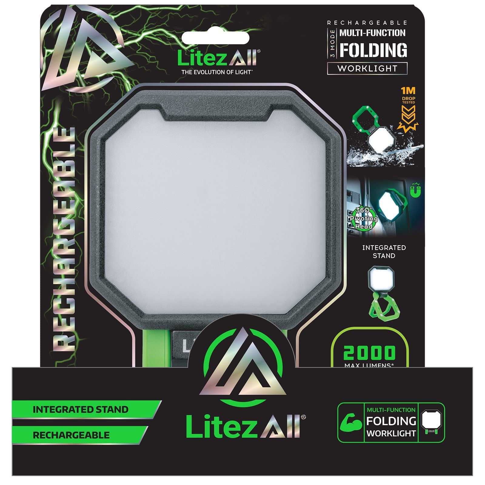 LitezAll Rechargeable 2000 Lumen Folding Work Light with Power Bank ...