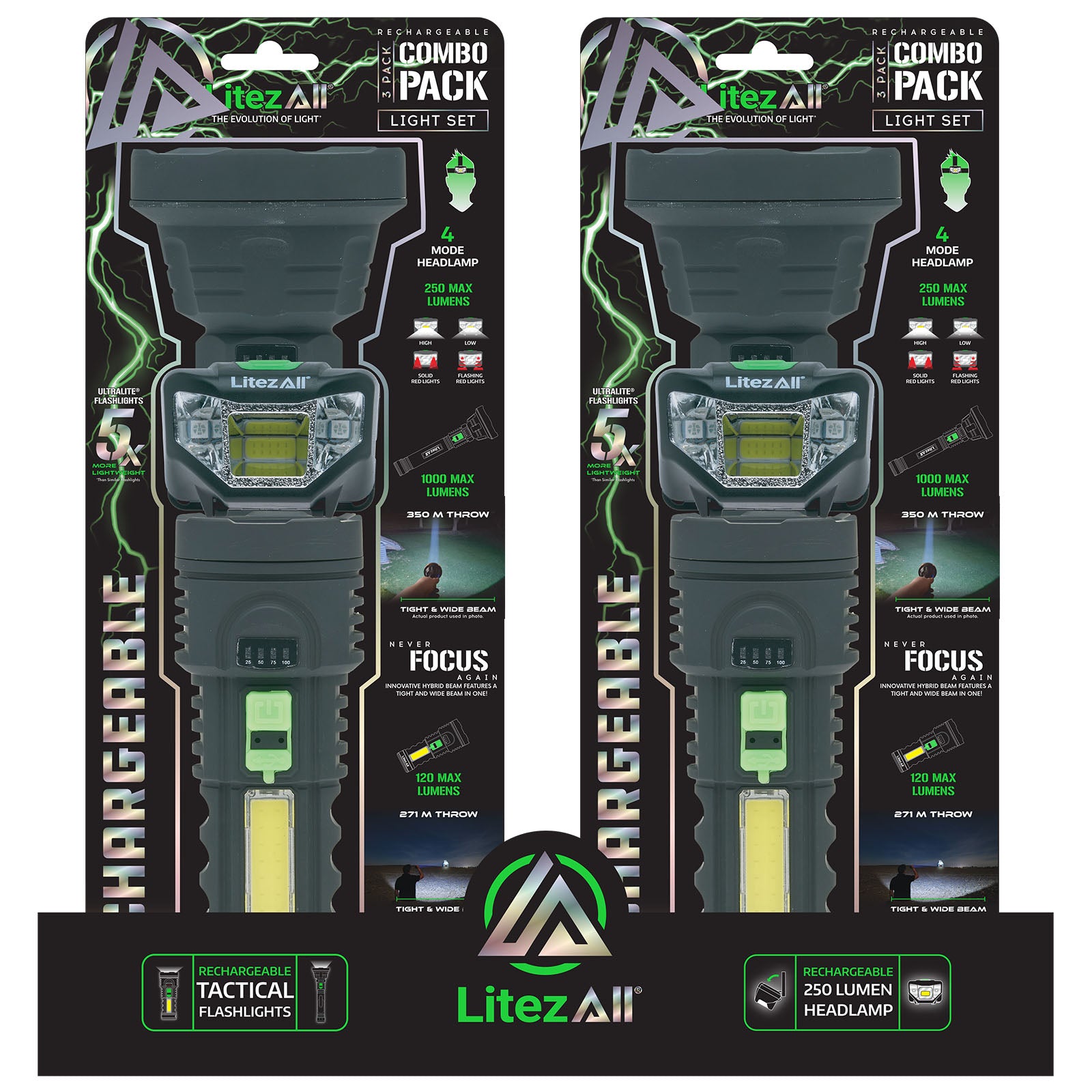 LitezAll Rechargeable Flashlight and Headlamp Combo Pack - LitezAll